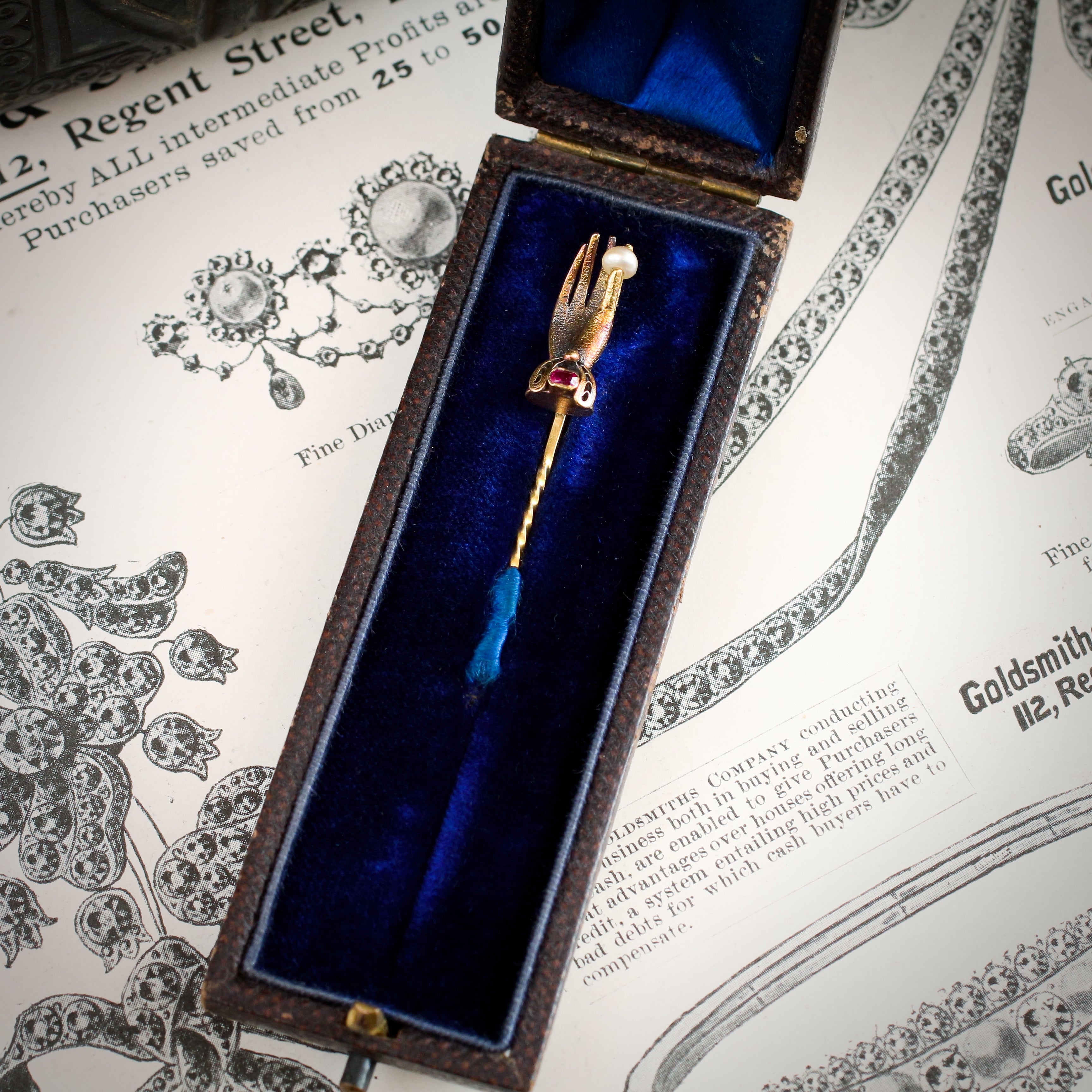 Whimsical Antique Ruby & Pearl Set Hand Stick Pin – Fetheray