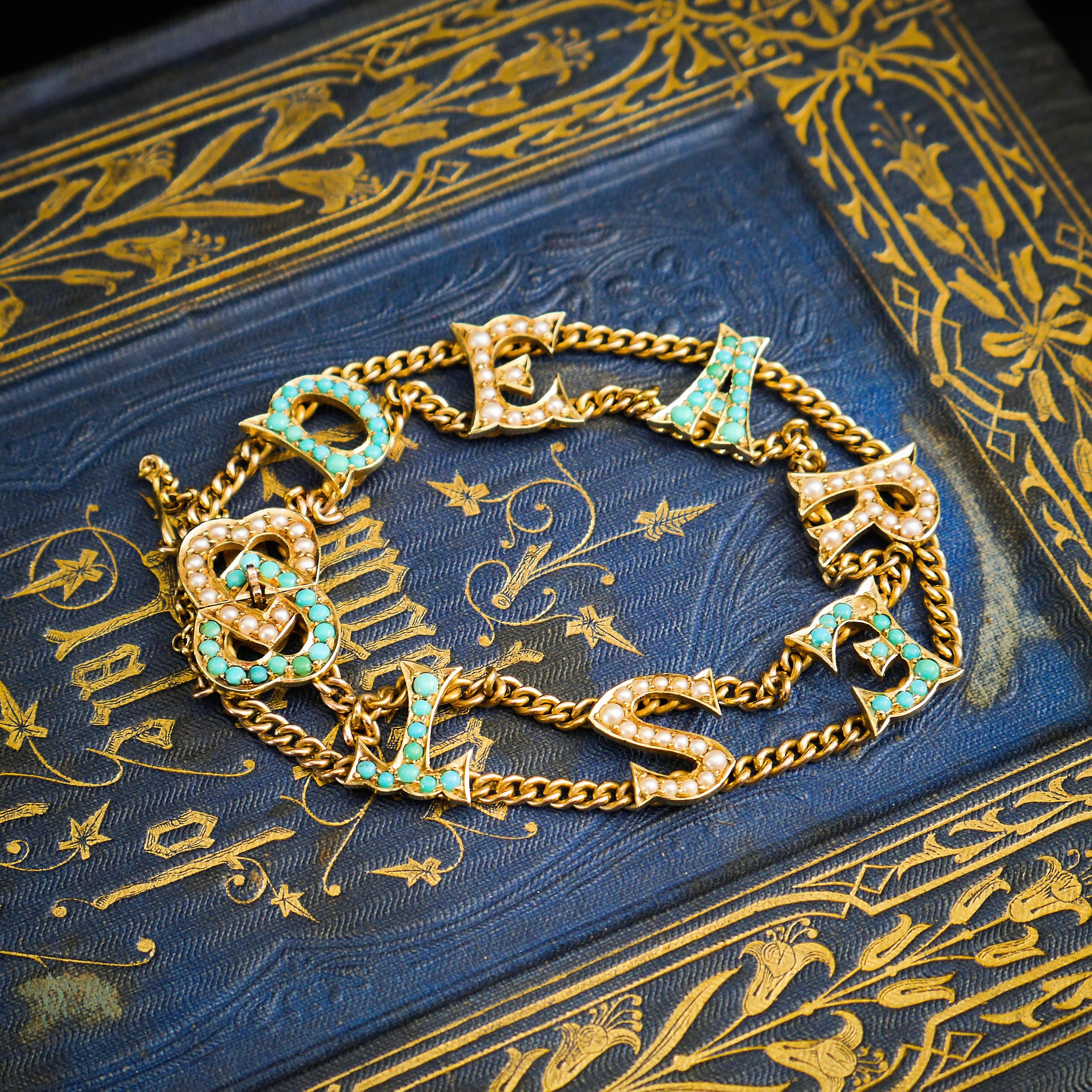 Coveted 15ct Gold Turquoise & Pearl 'DEAREST' Bracelet – Fetheray